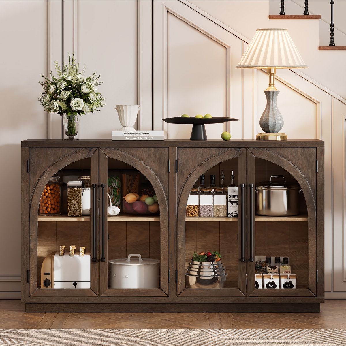 Winston Porter 4-Door Large Storage Sideboard Buffet Arched Cabinet with Glass Doors | Wayfair